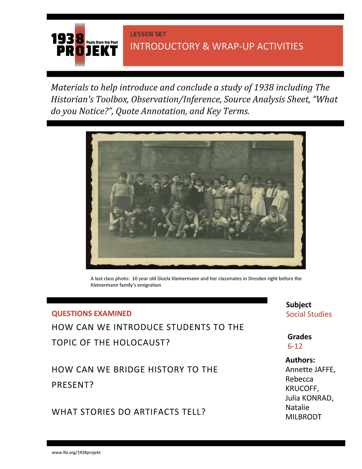 1938Projekt: Lesson Plans: For Middle and High Schools - Leo Baeck ...